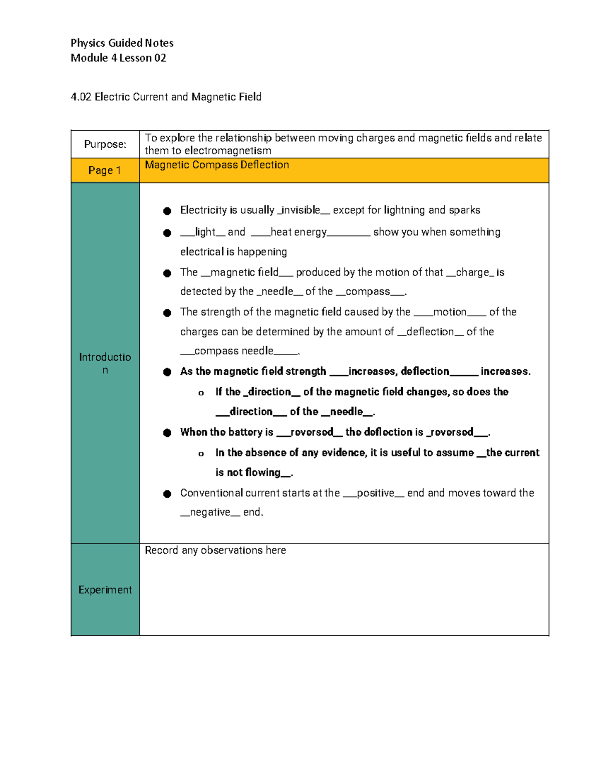 Physics GN-4 Guided Notes: Lesson 02 - Electric Current & Magnetic ...