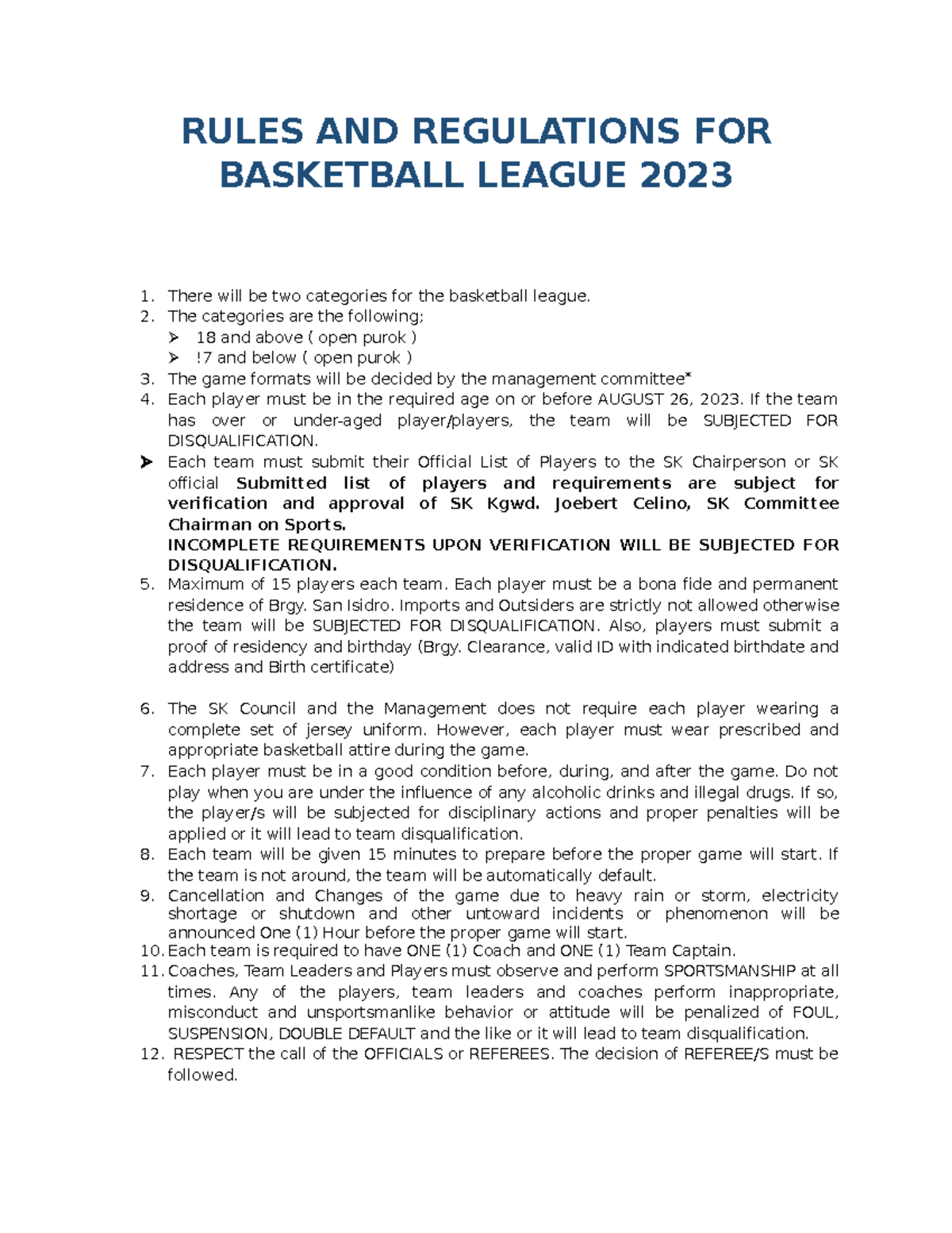 Rules & Regulations for SK Basketball League 2023 - Studocu