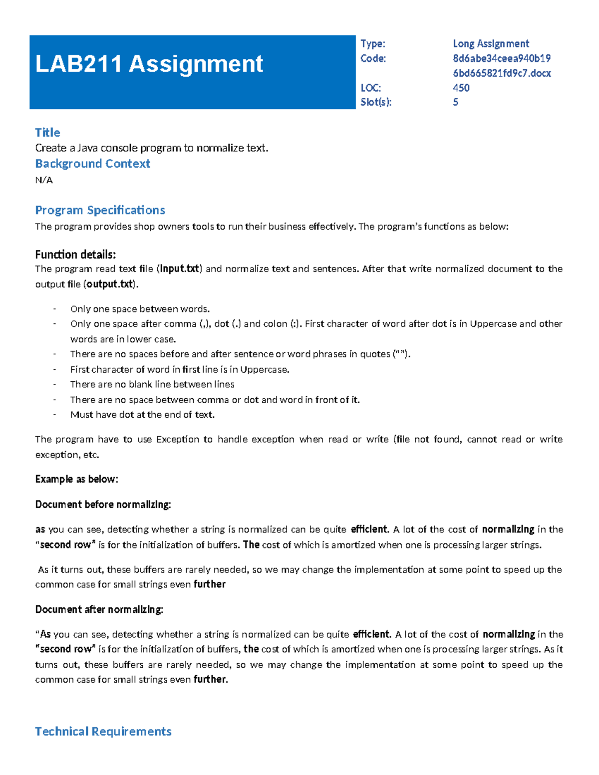 LAB211 Long Assignment: Java Program for Text Normalization - Studocu