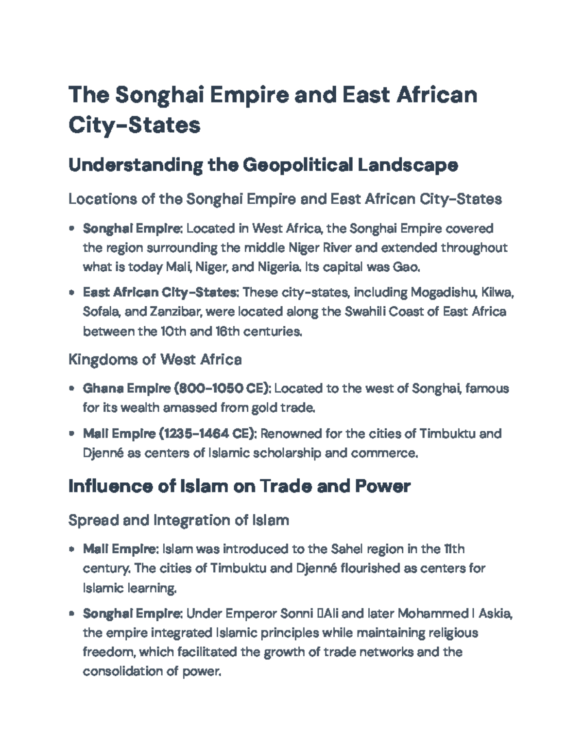 Geopolitical Overview of Songhai Empire & East African City-States ...