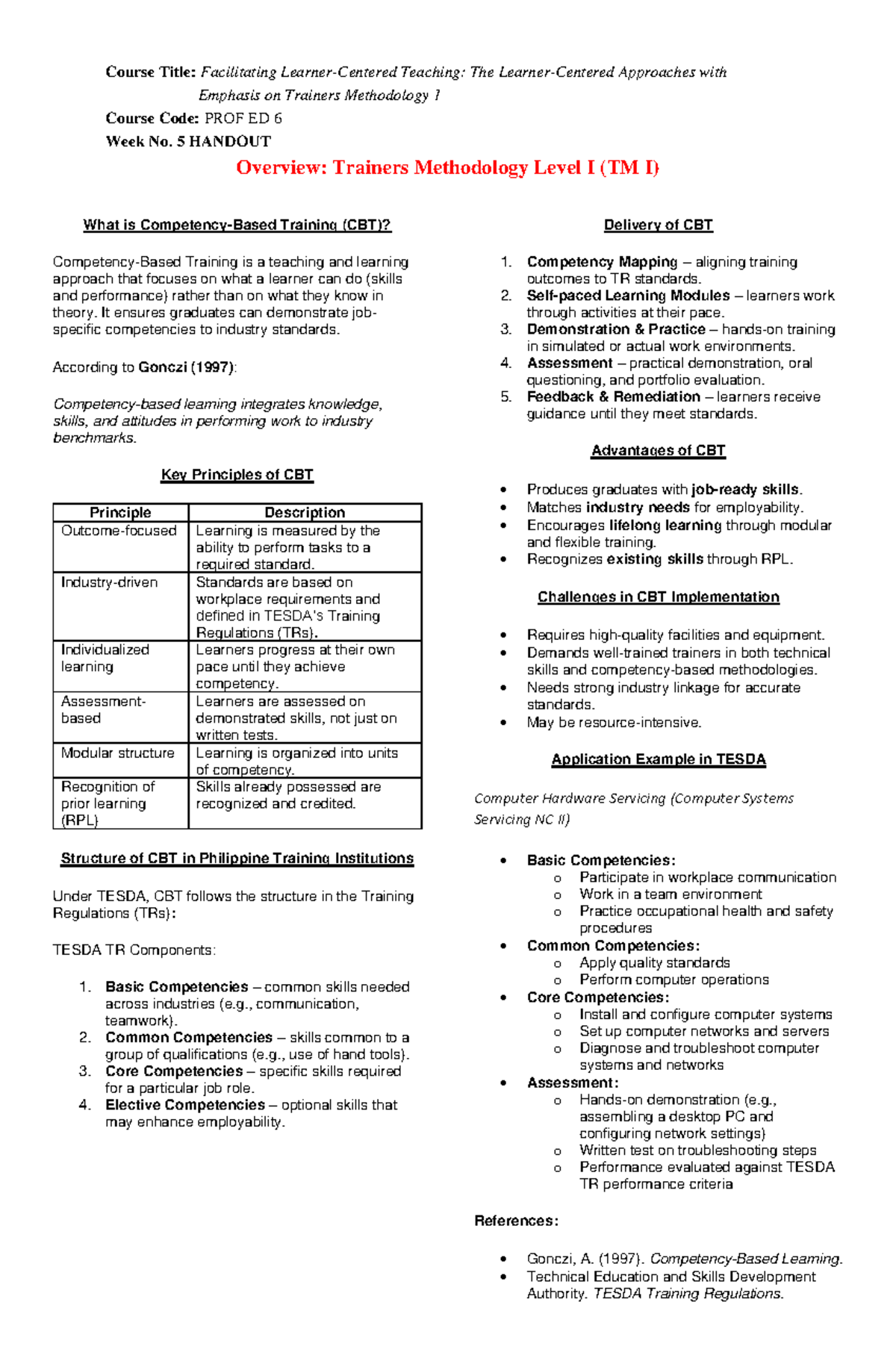 PROF ED 6 Week 5 Handout: Trainers Methodology Level I Overview - Studocu