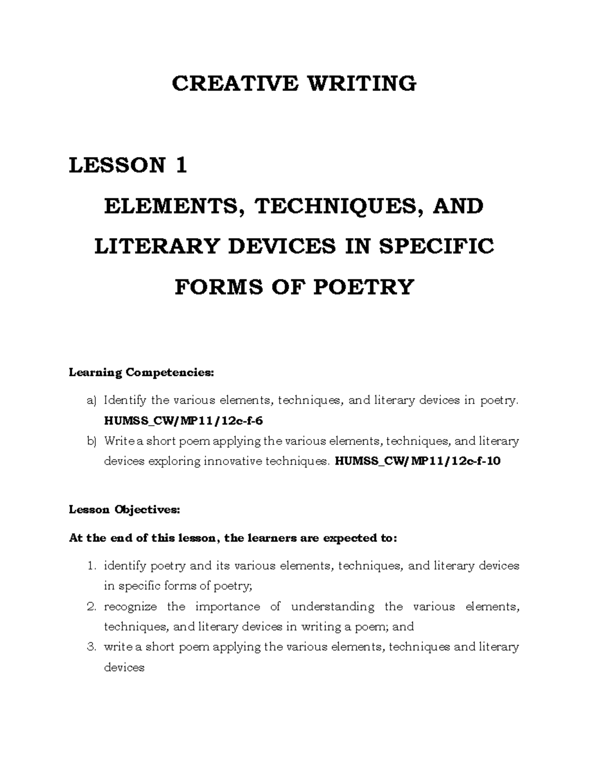 Reading Writing Poetry and Fictionpdf - CREATIVE WRITING LESSON 1 ...