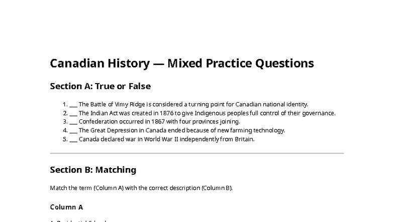 Canadian History Mixed Practice Questions: True/False & Matching - Studocu