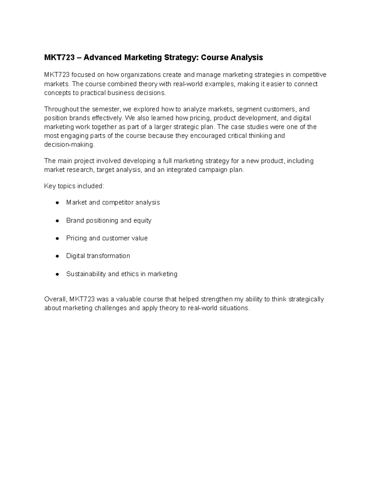 MKT723 Advanced Marketing Strategy: Course Overview & Insights - Studocu