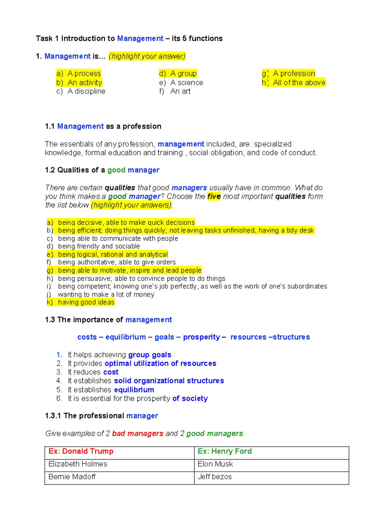 Task 1 Intro to management its 5 functions - Task 1 Introduction to ...