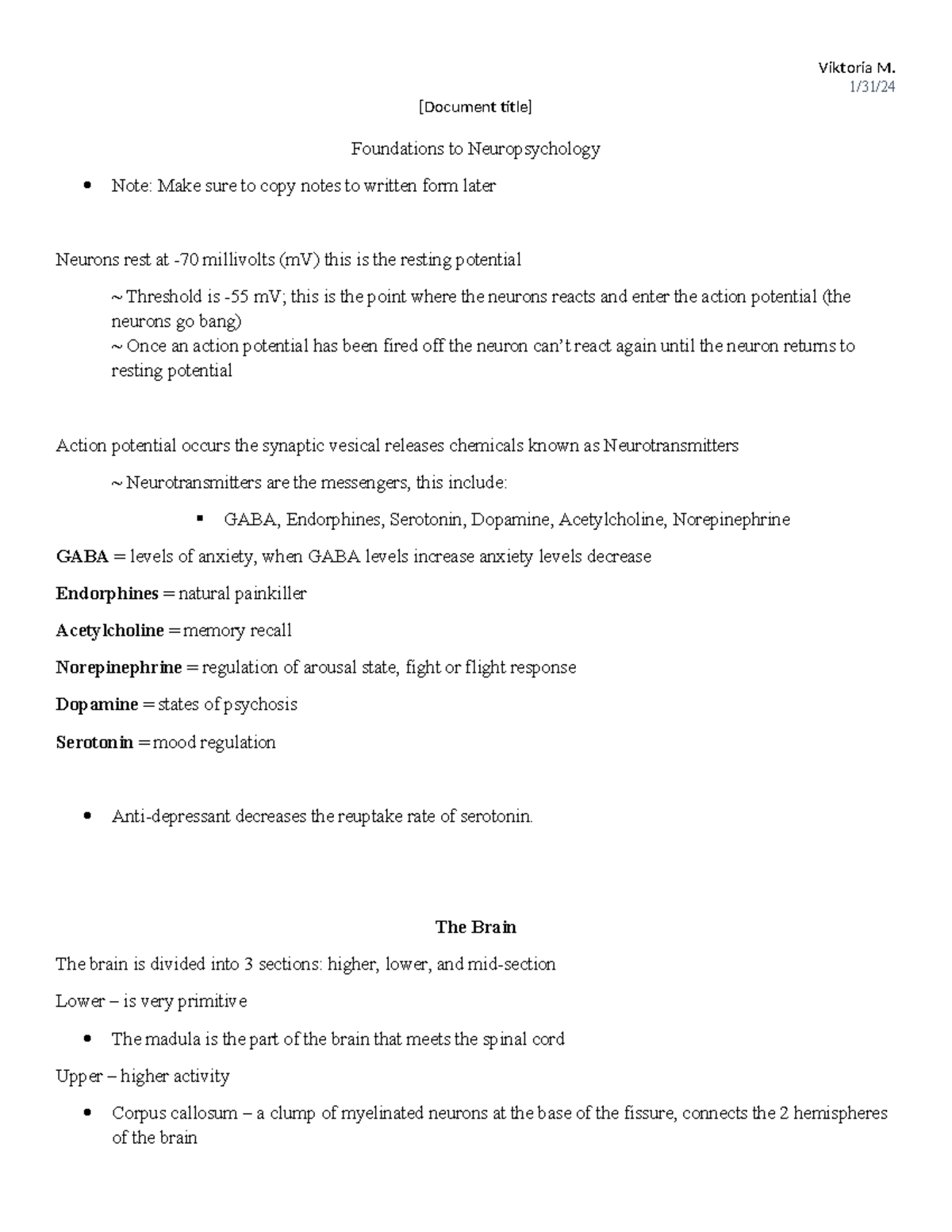 Foundations to Neuropsychology (PSY 101) Lecture Notes - Studocu