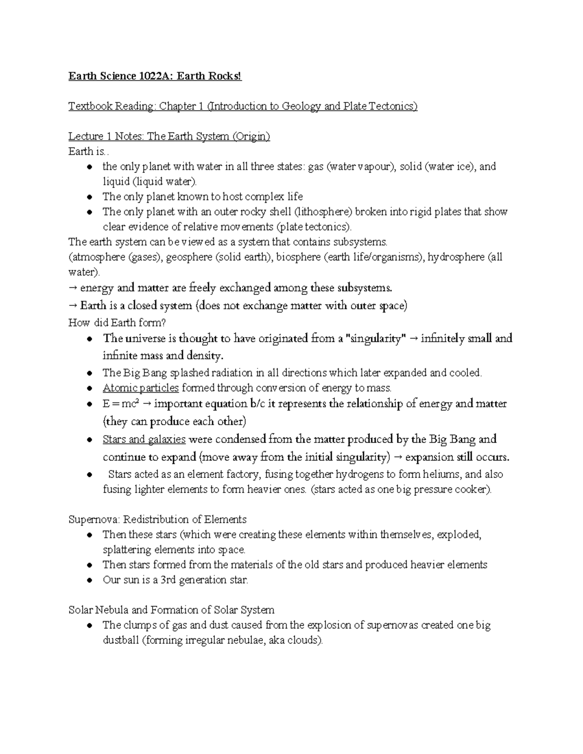 Earth Science 1022A: Lecture 1 Notes on Geology & Plate Tectonics - Studocu
