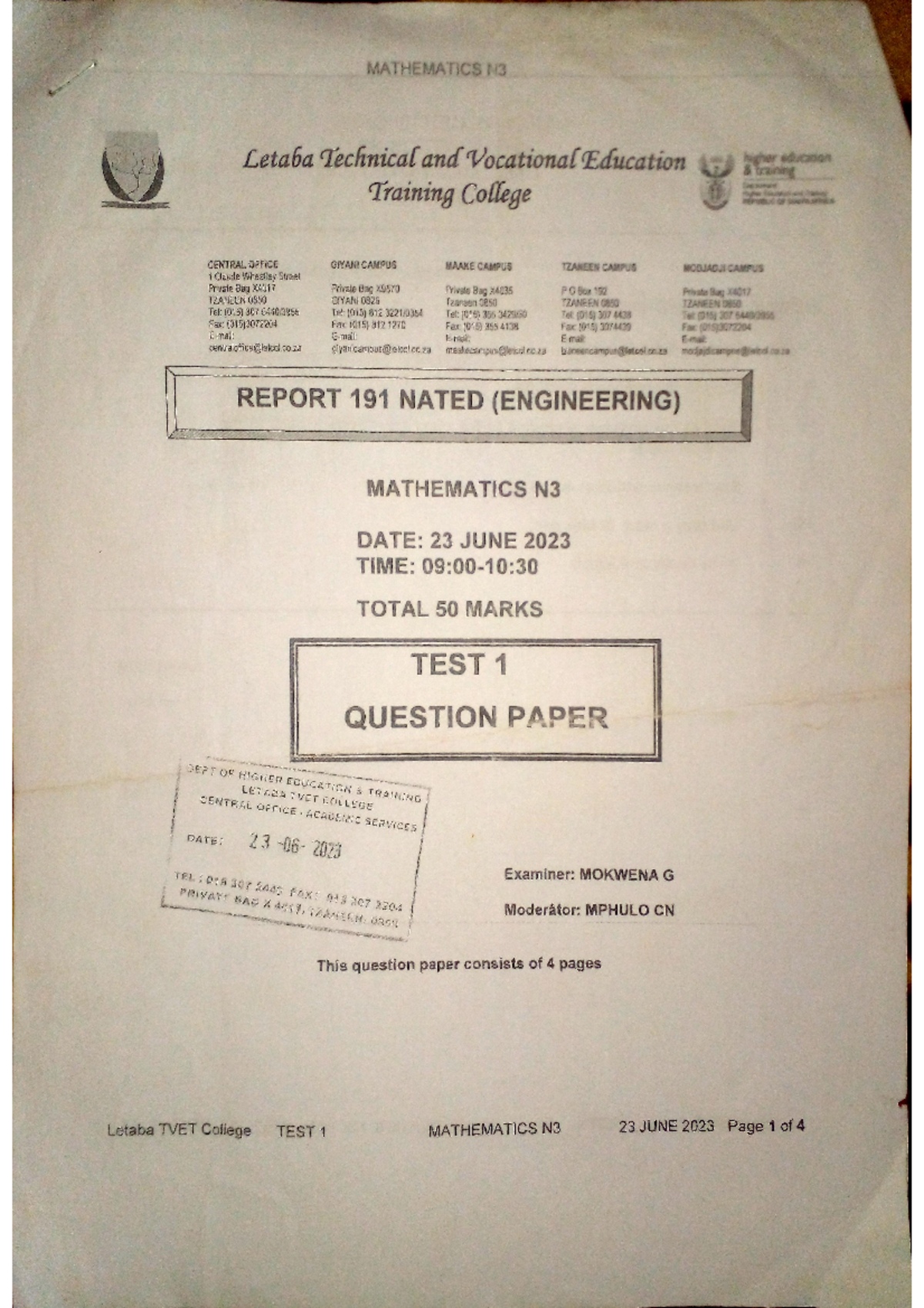 MATHEMATICS N3 TEST 1 JUNE 2023 - LETABA TVET COLLEGE - Studocu