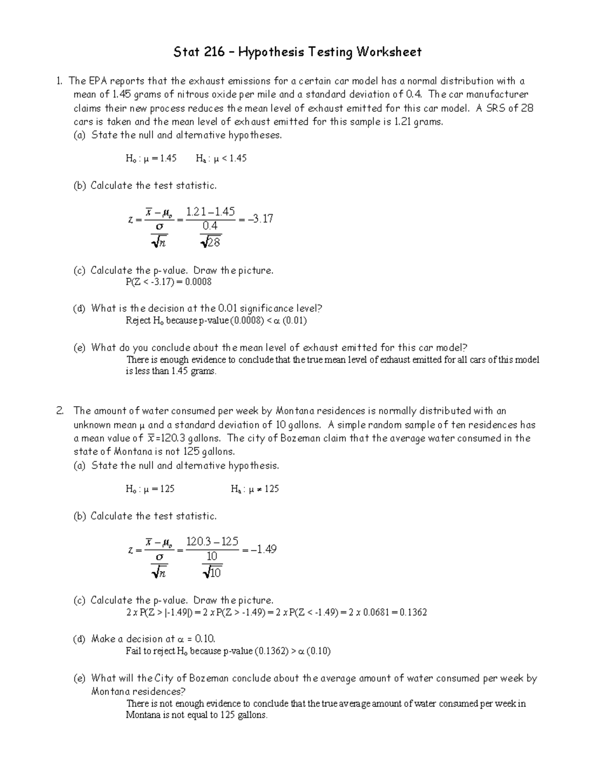 Stat 216 Hypothesis Testing Worksheet Examples - Studocu