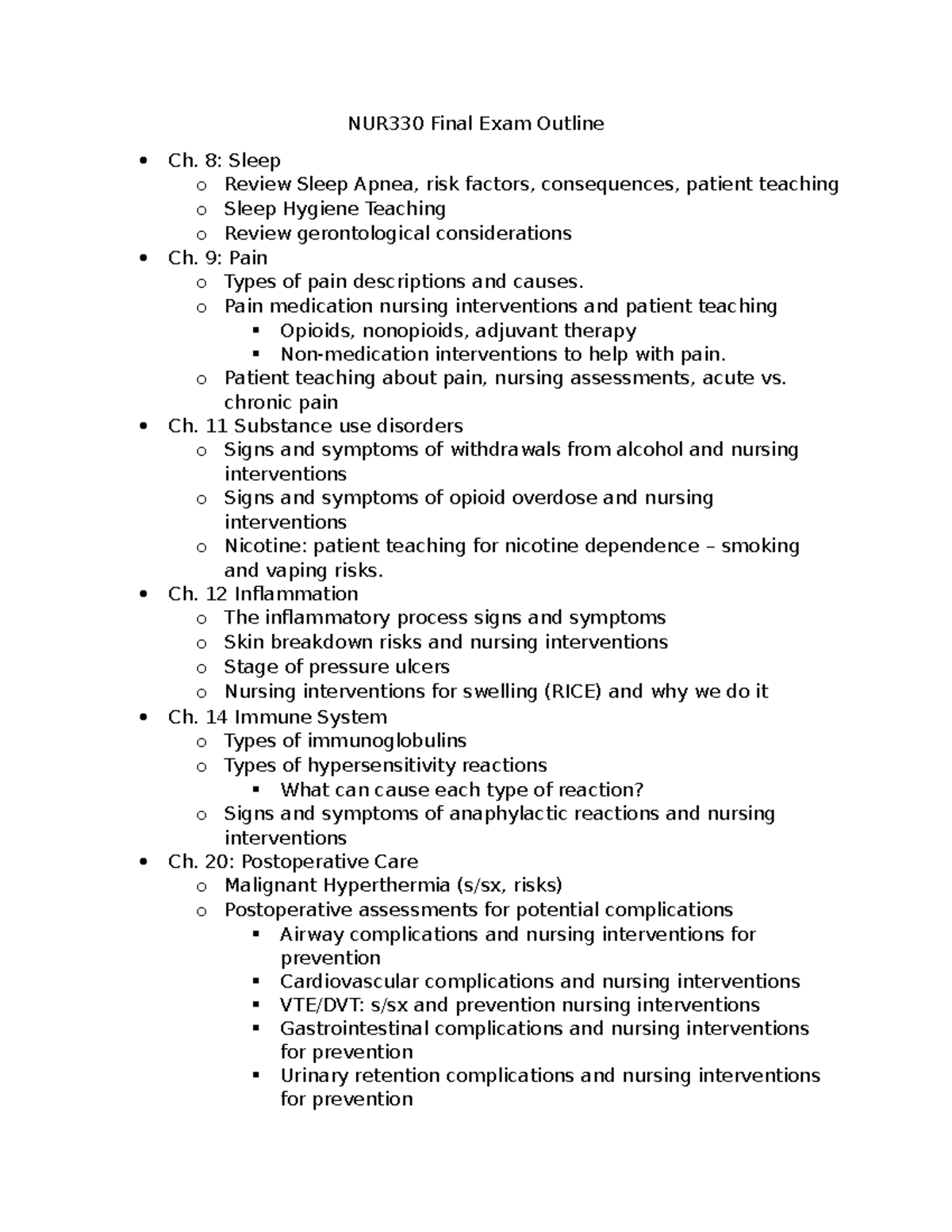 NUR330 Final Exam Outline: Key Topics in Med Surg 1 - Studocu