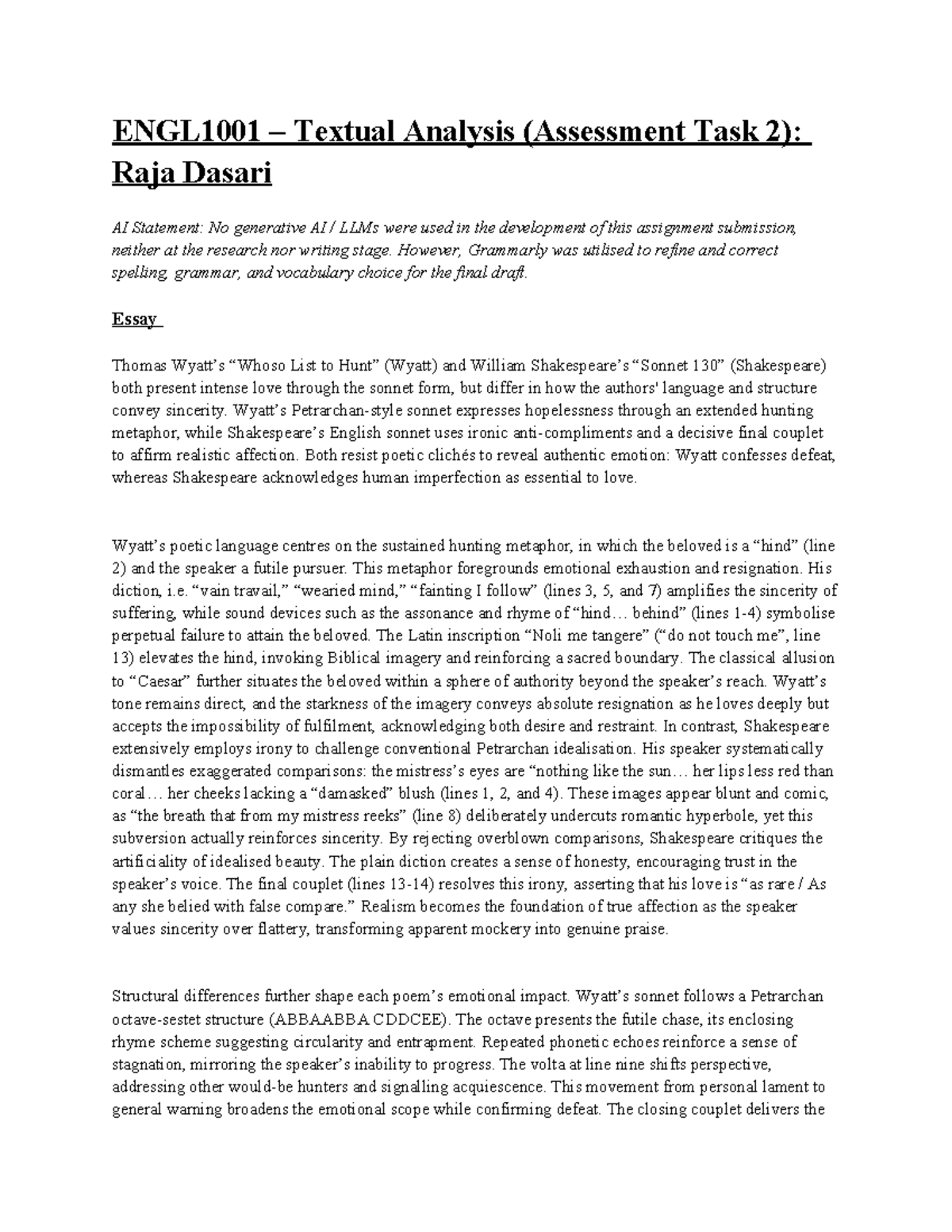 ENGL1001 Essay: Textual Analysis of Wyatt and Shakespeare's Sonnets ...