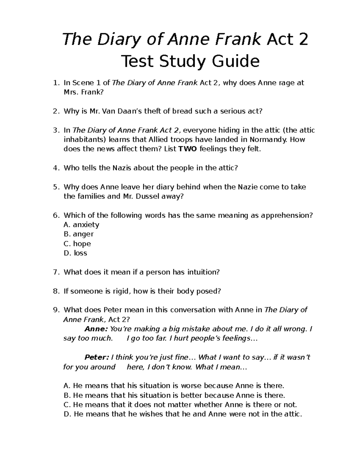 The Diary of Anne Frank Act 2 Test Study Guide - Studocu