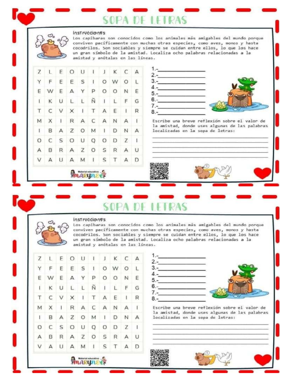 SOPA DE LETRAS: Reflexión sobre la Amistad y los Capibaras - Studocu