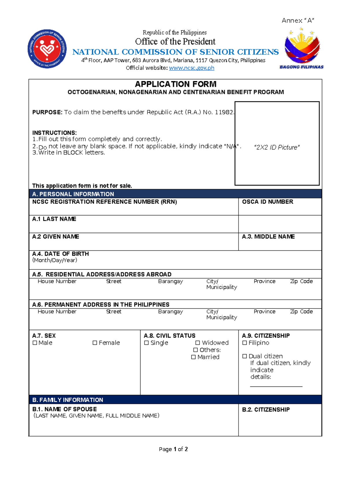 NCSC Application Form for Octogenarians to Centenarians Benefits - Studocu