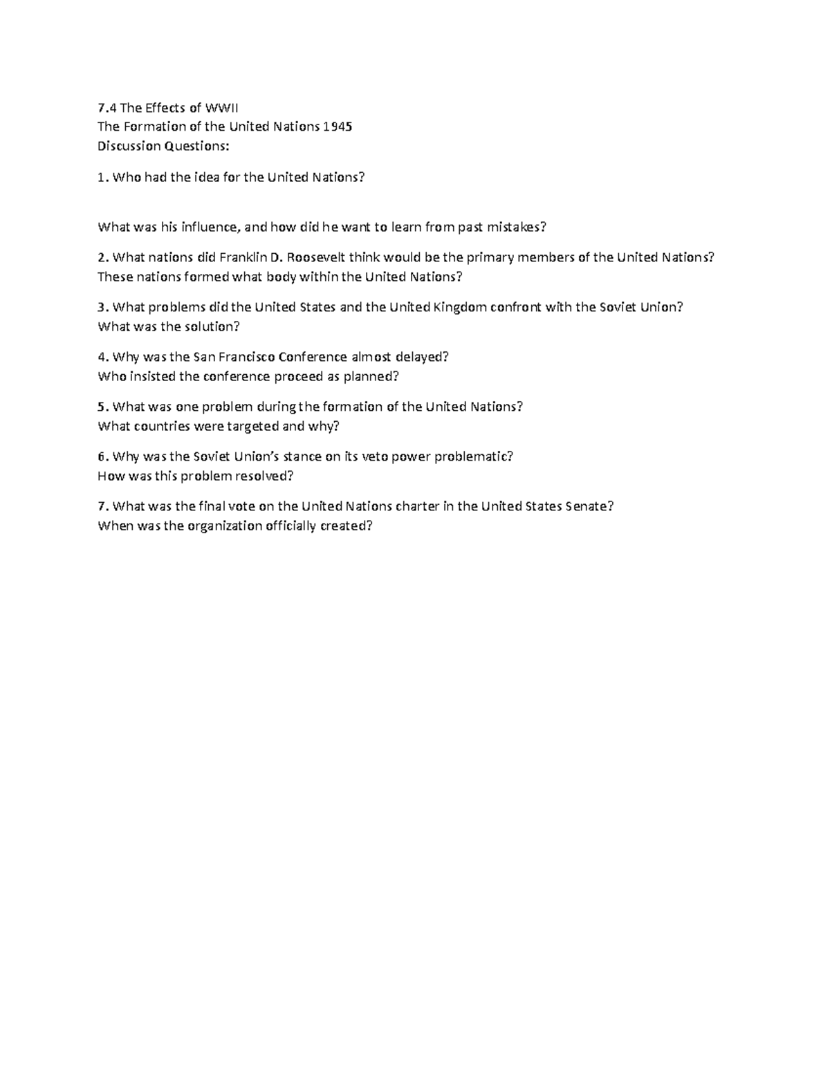 7.4 The United Nations Reading Questions - 7 The Effects of WWII The ...