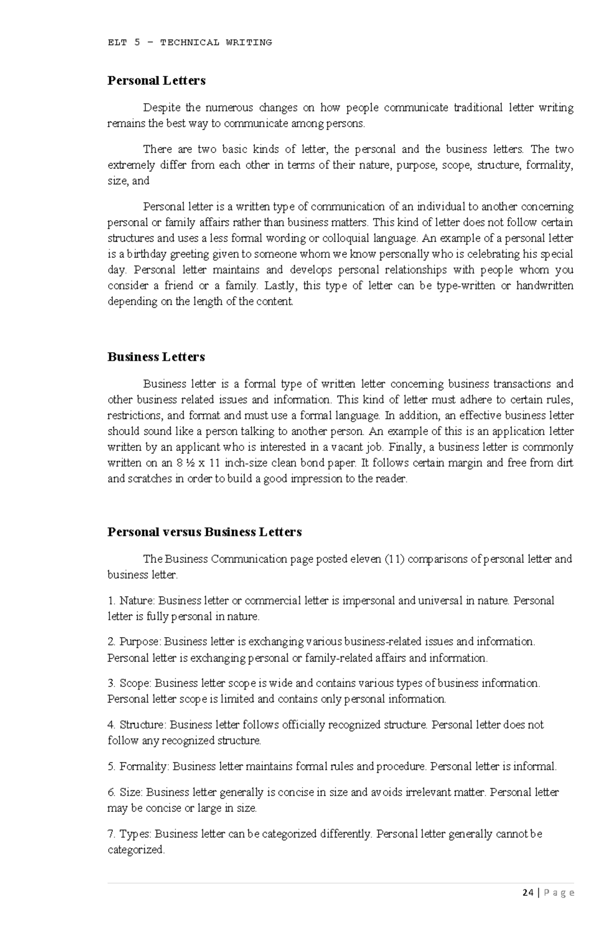 Technical Writing- Personal and Business Letters - ELT 5 – TECHNICAL ...