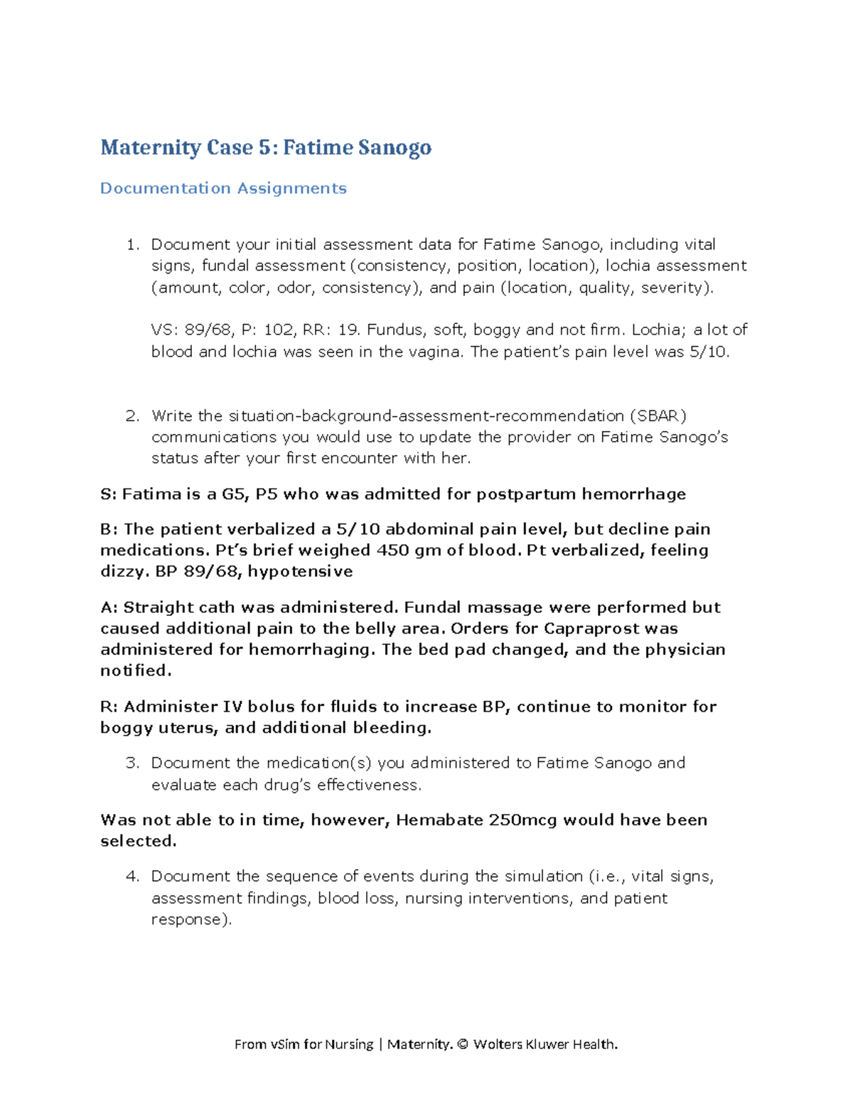 Maternity Case Study 5: Assessment & SBAR for Fatime Sanogo - Studocu