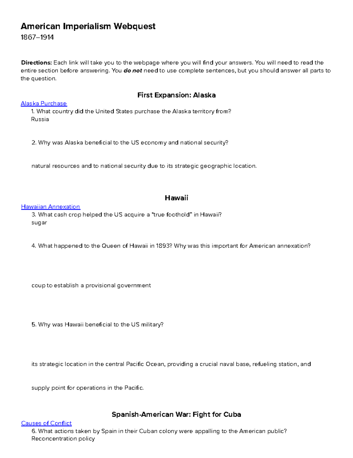 HIST 202 - American Imperialism Webquest Activity & Key - Studocu