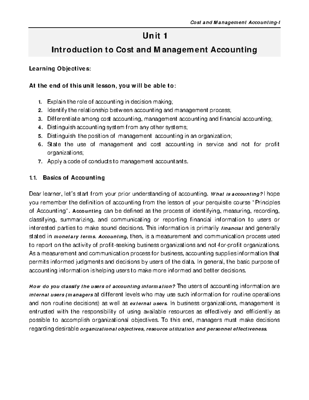 Cost and Management Accounting Unit 1: Introduction and Learning ...