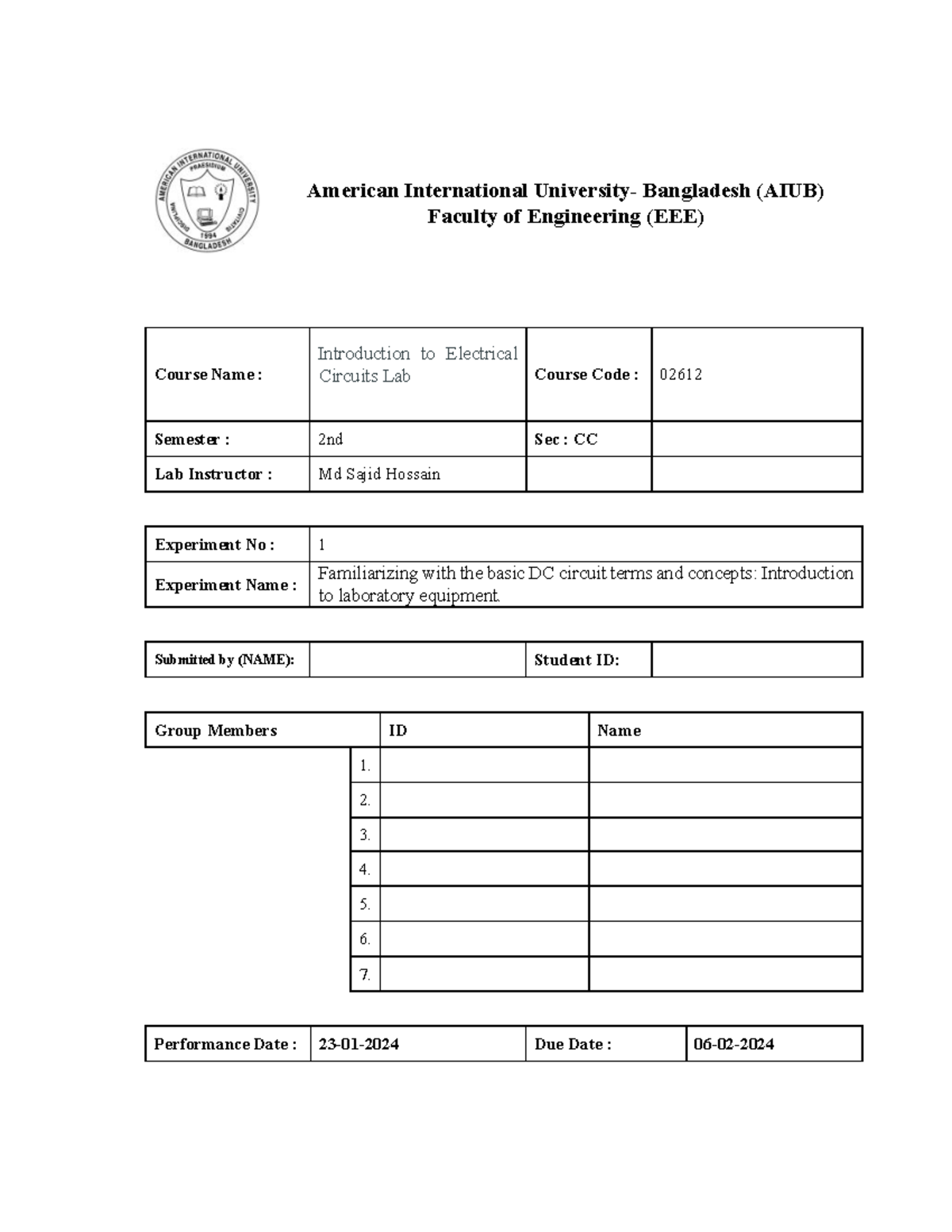 Lab Report 1: Basic DC Circuit Concepts - Course Code 02612 - Studocu