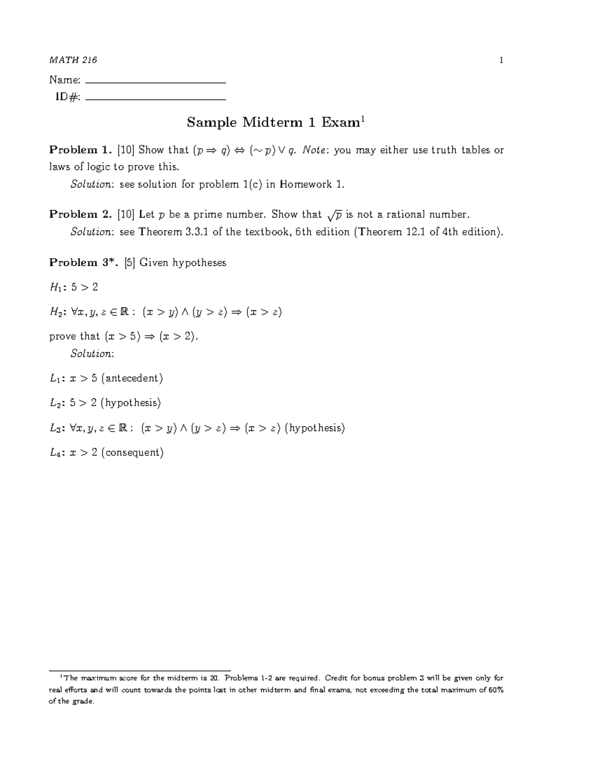 MATH 216 Sample Midterm 1 Exam Problems and Solutions - Studocu