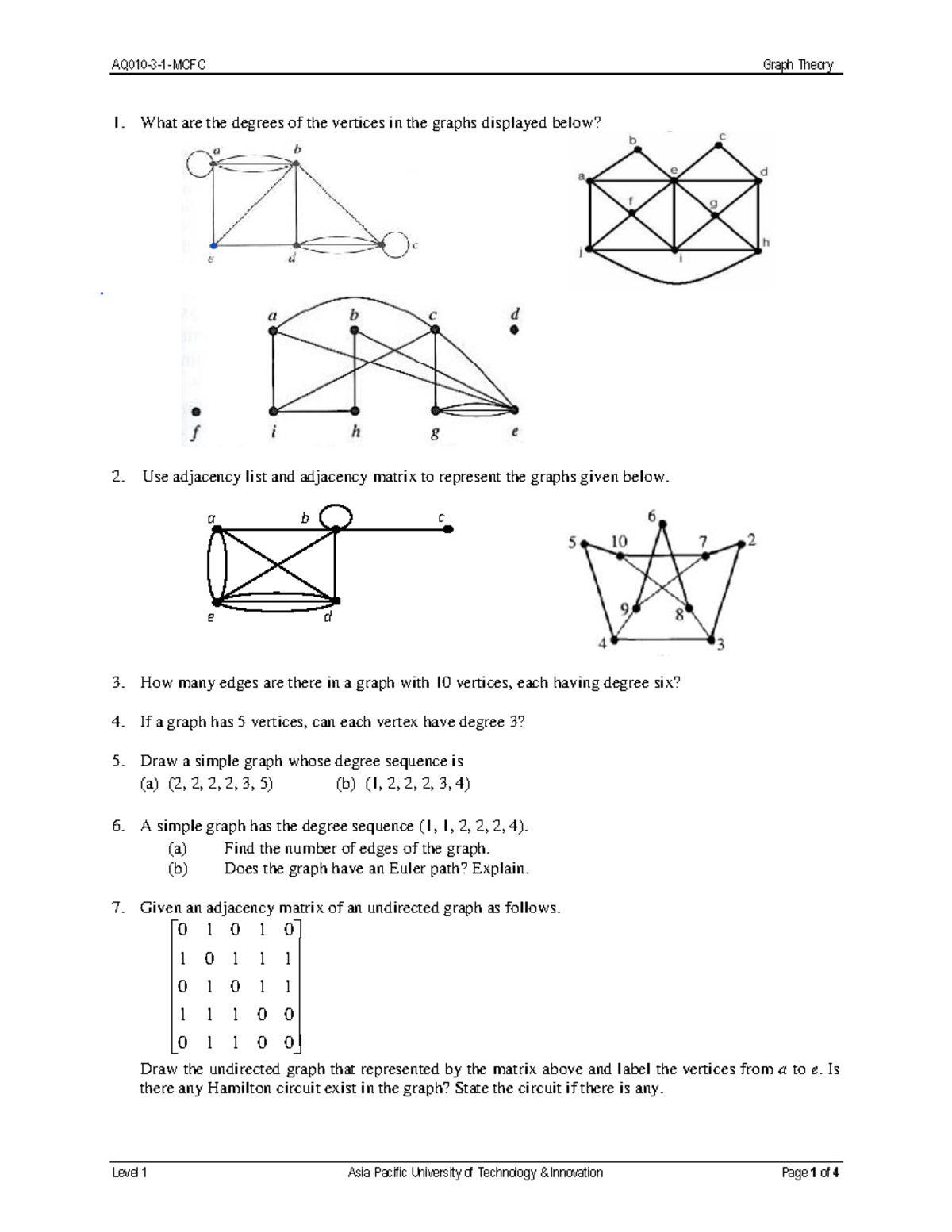 Graph Theory 1: Chapter 7 Practice Material on Vertex Degrees and Graph ...