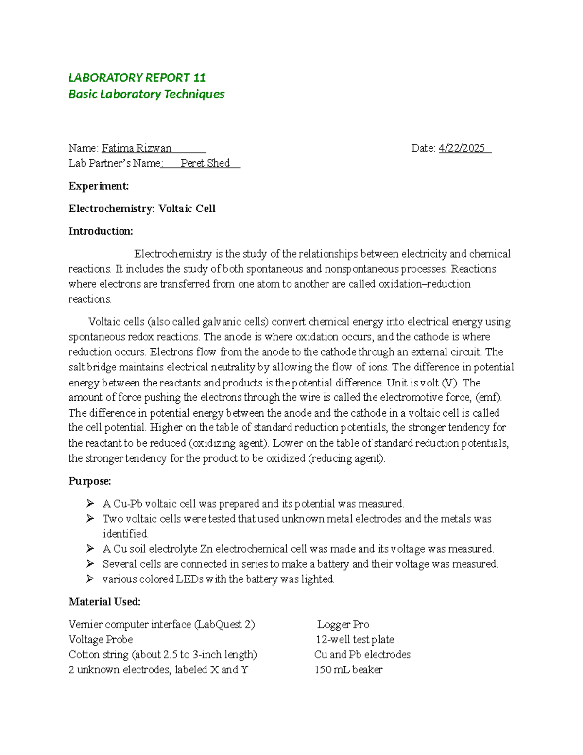 LAB REPORT 11: Electrochemistry of Voltaic Cells and LED Performance ...