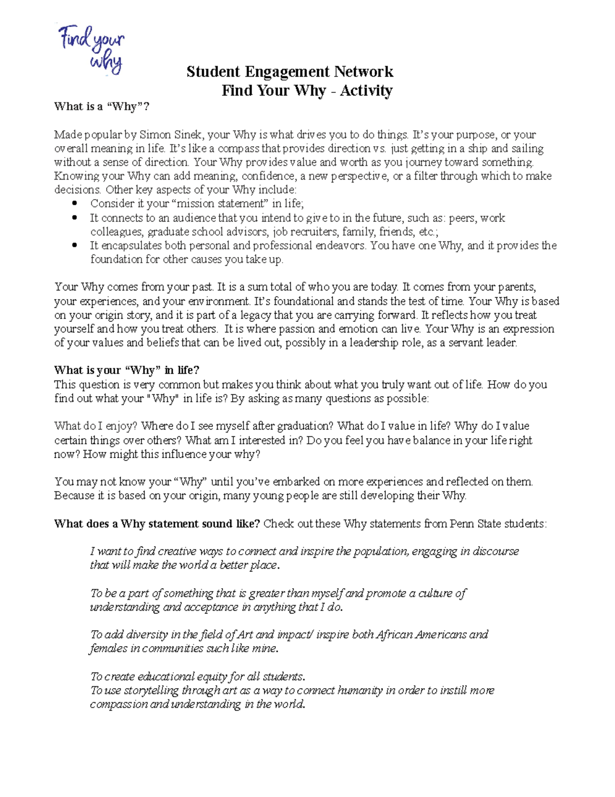 "Find Your Why Activity - Crafting Your Purpose Statement" - Studocu
