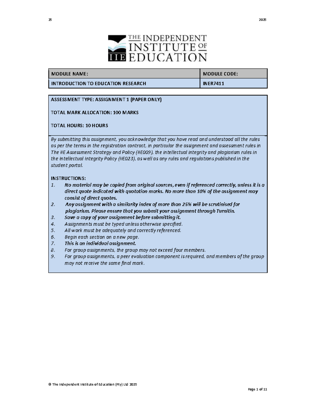INER7411 Assignment 1: Introduction to Education Research Guidelines - Studocu