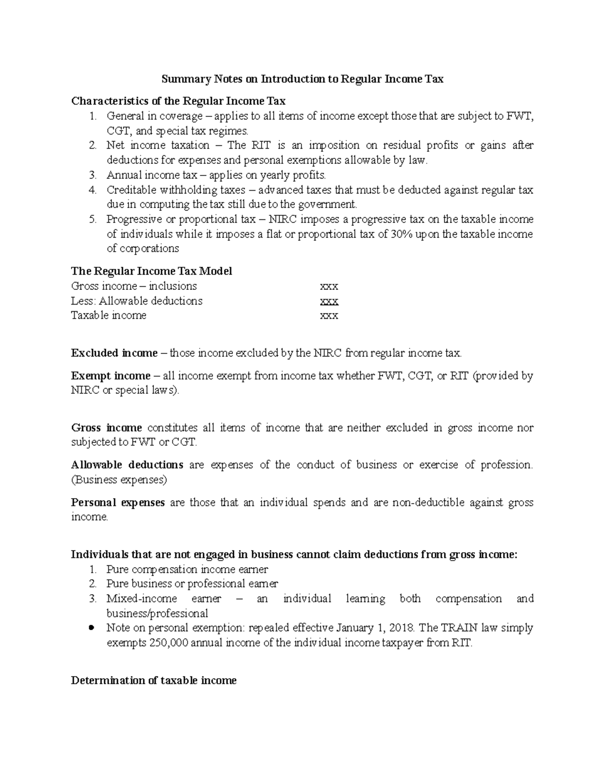 RIT 101: Summary Notes on Regular Income Tax Principles and Models ...