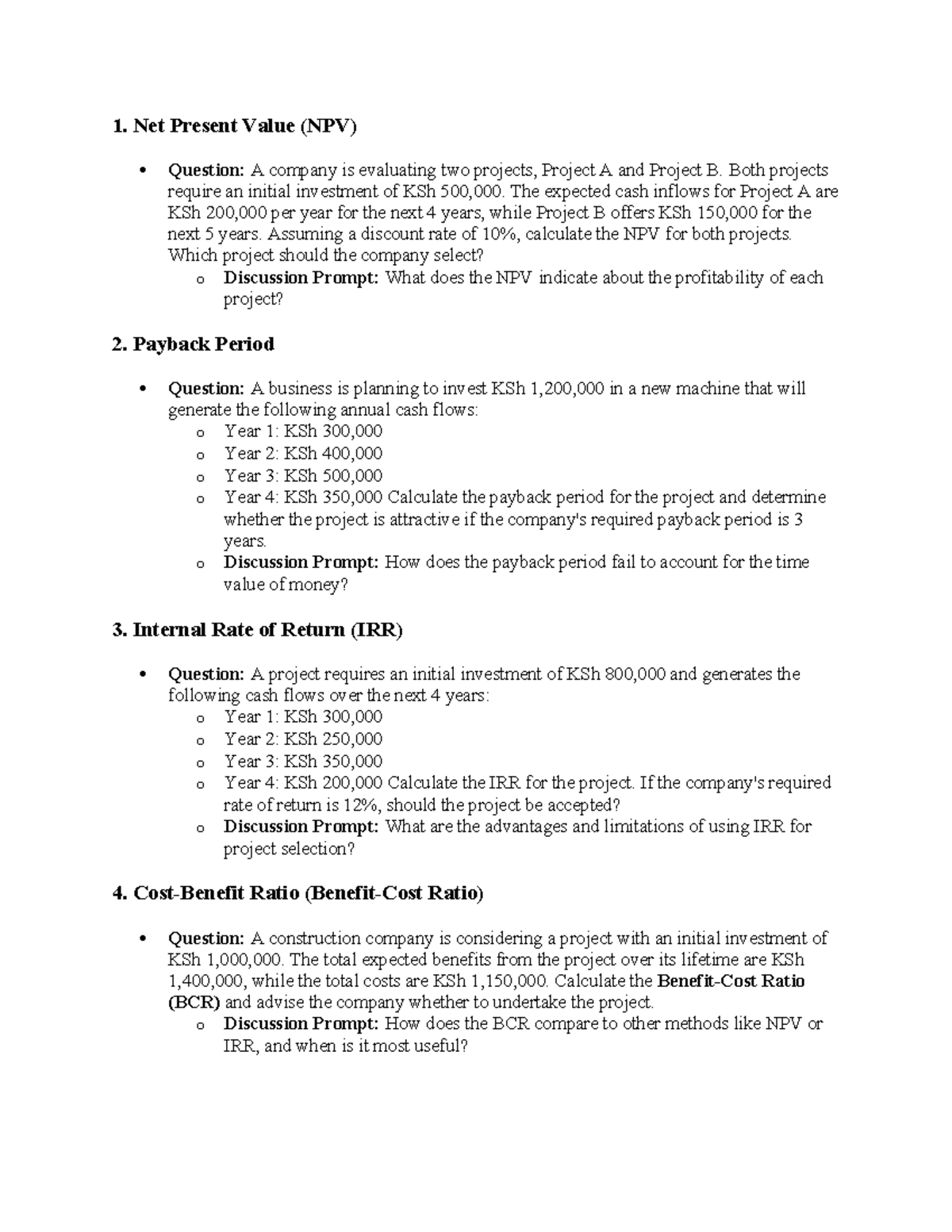 FIN 301: Sample Exercise Questions on NPV, IRR, Payback Period & BCR ...