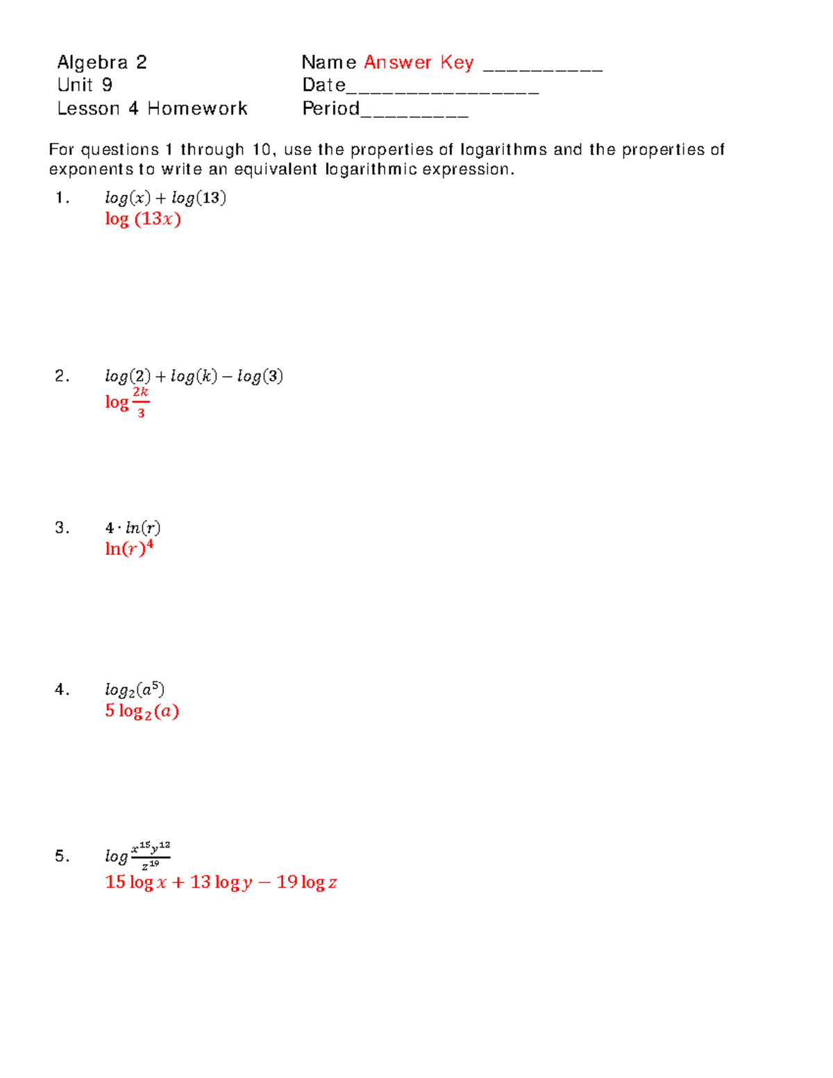 Algebra 2 Unit 9 Lessons 4 & 6 Homework Answer Key - Studocu