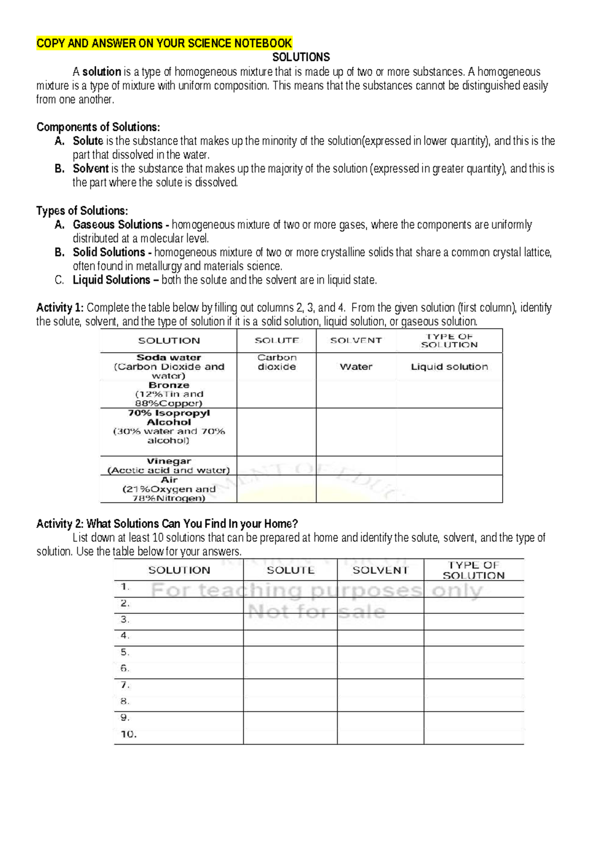 Science 7 AP: Solutions and Mixtures Activity Notes - Studocu