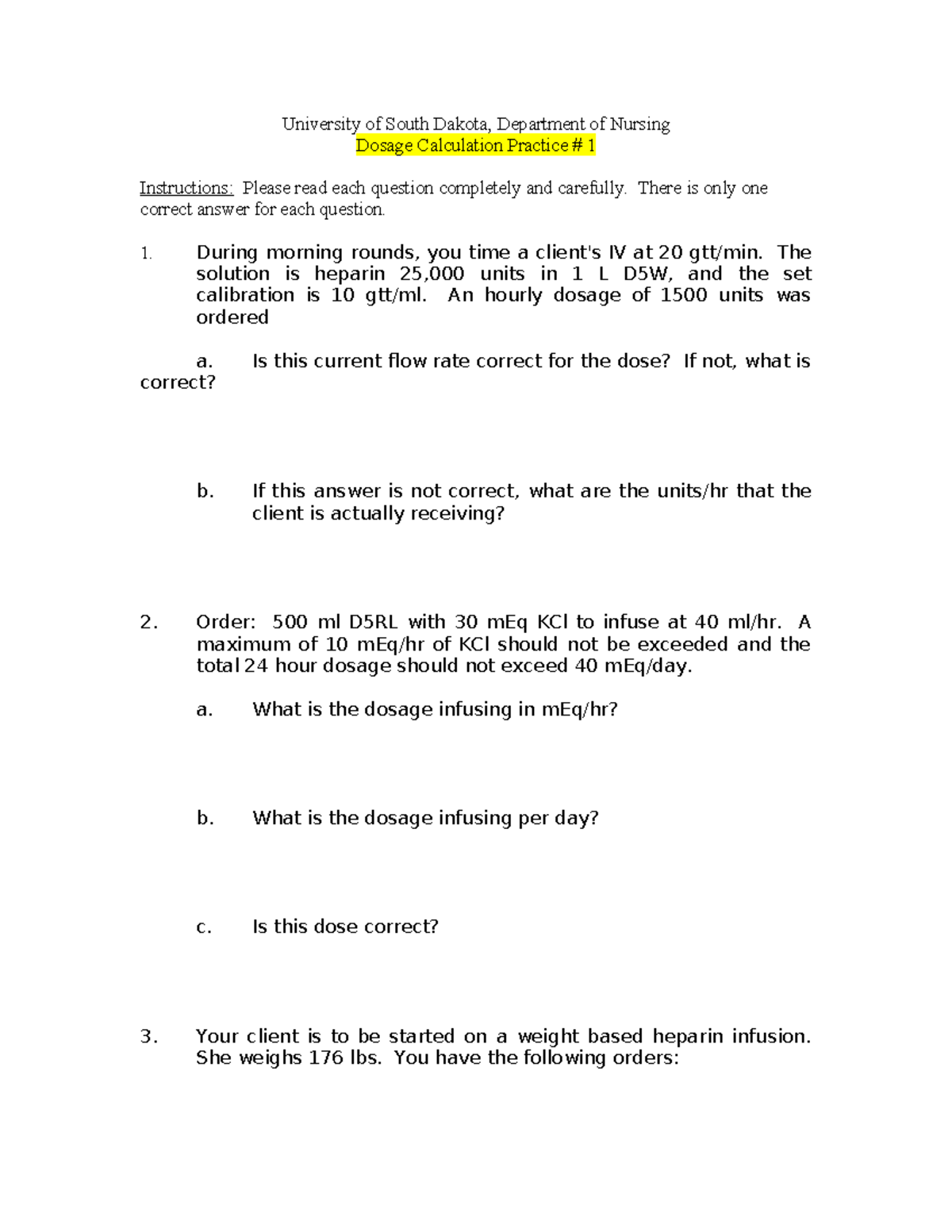 N286 Dosage Calculation Practice #1: Heparin & KCl Infusion Guidelines ...