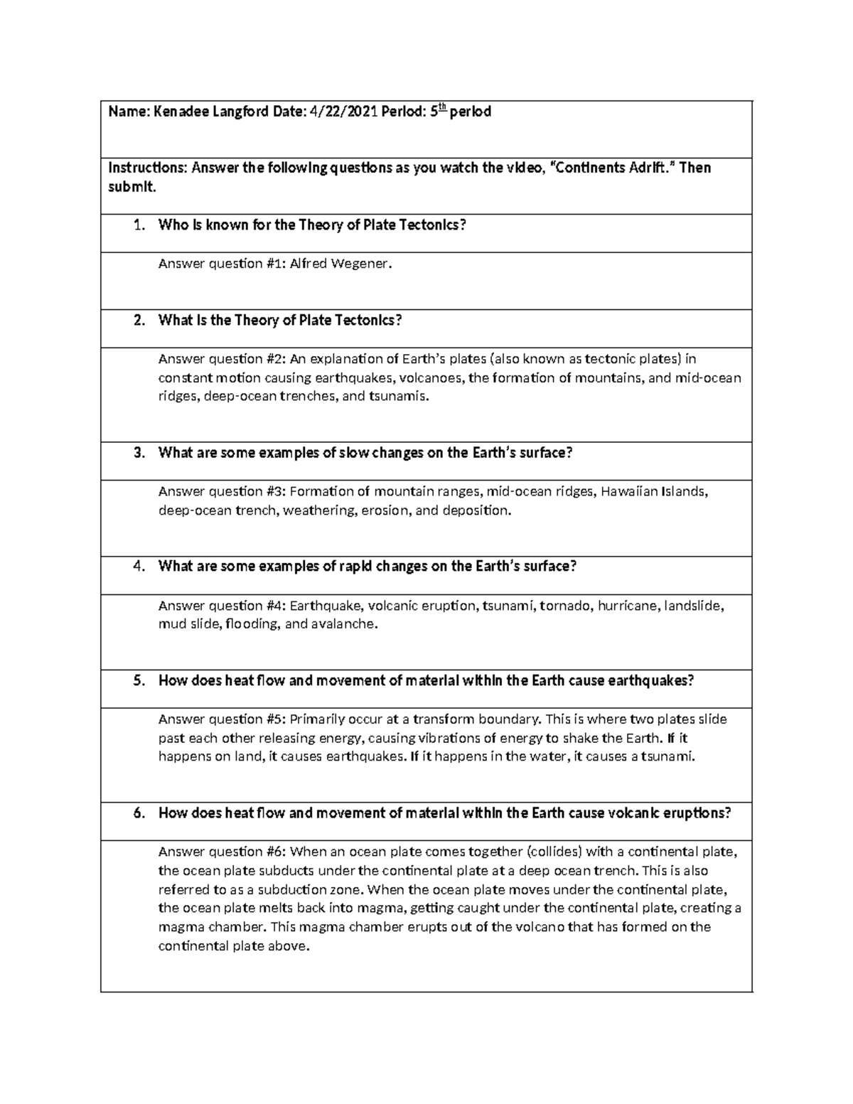 Continents Adrift Video Worksheet-Canvas Version - Name: Kenadee ...