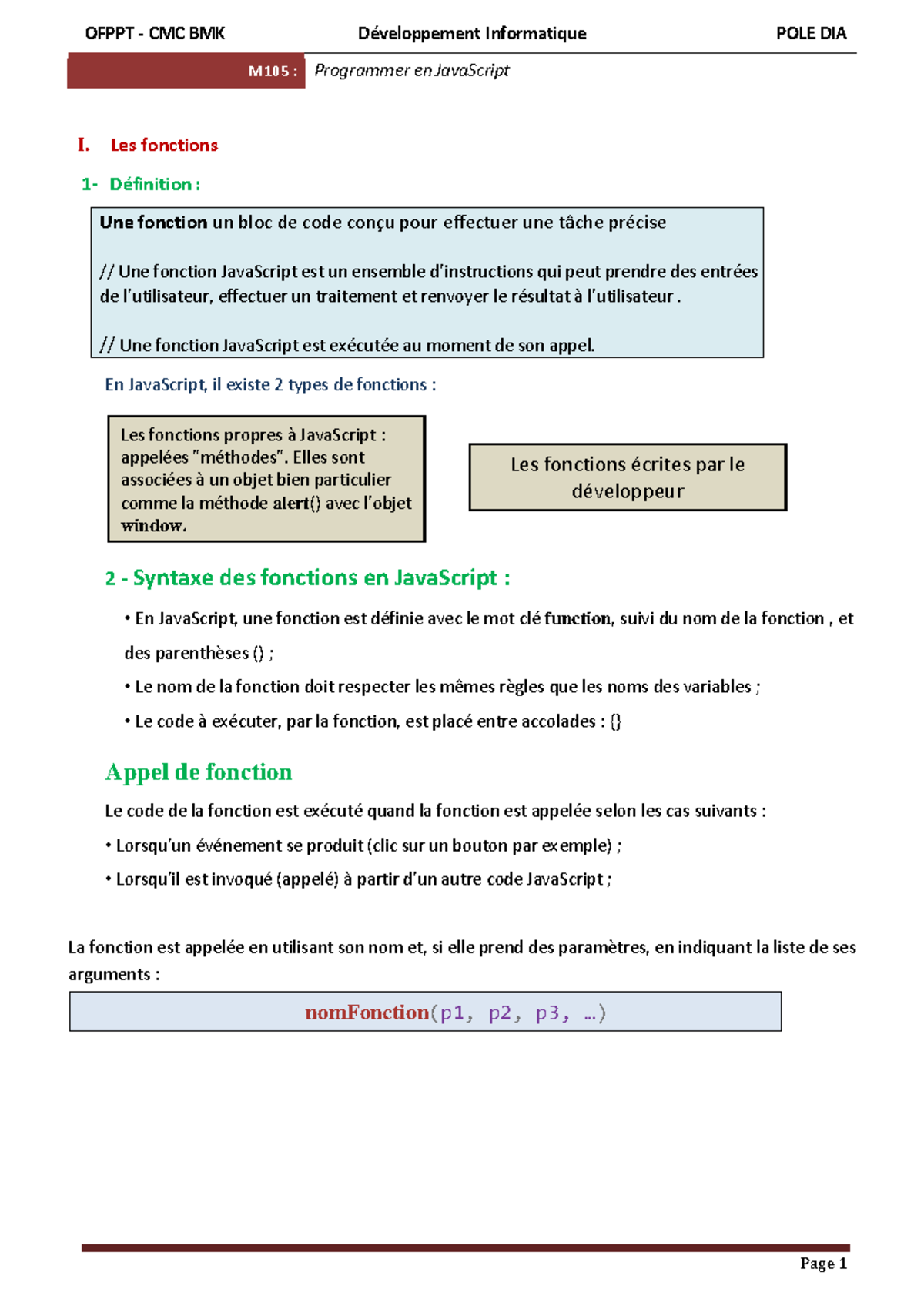 OFPPT CMC BMK Développement Informatique POLE DIA M105 : Fonctions en JavaScript - Studocu