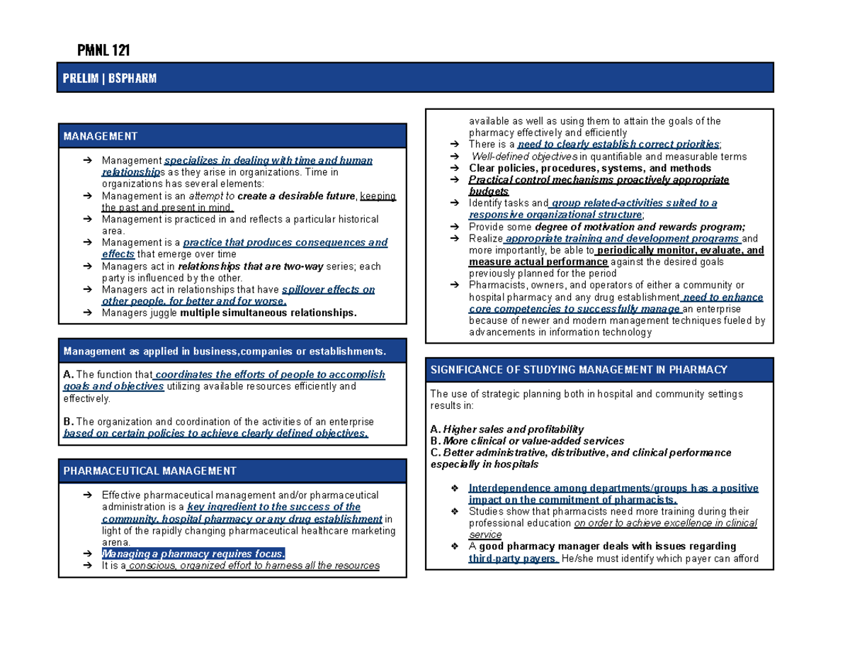 **PMNL Week 1-3: Overview of Management in Pharmacy Practice** - Studocu