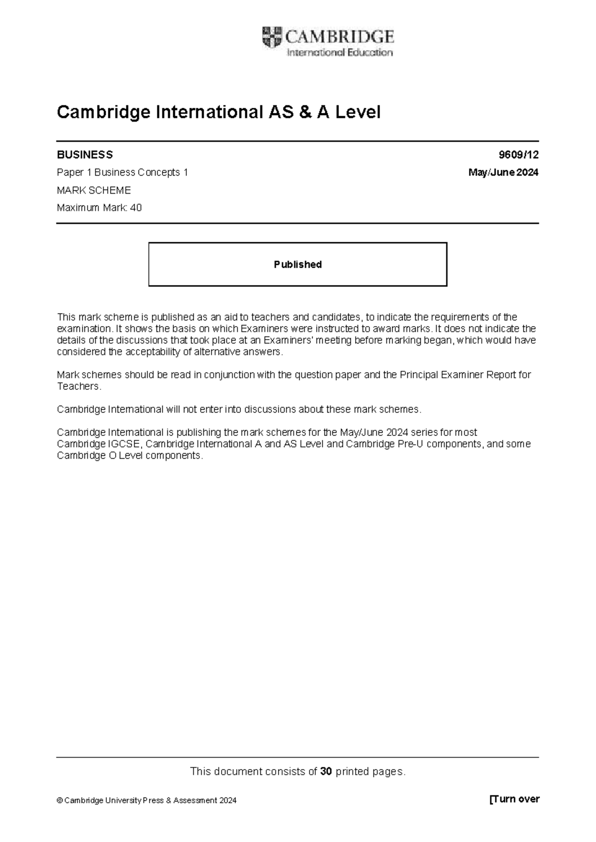 Cambridge International AS A Level BUSINESS 9609 Paper 1 Mark Scheme ...