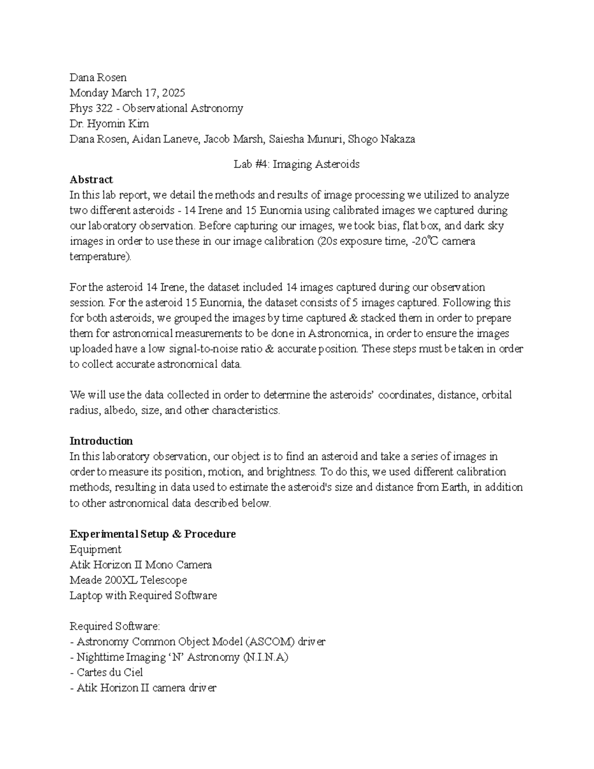 Phys 322 Lab #4: Imaging and Analyzing Asteroids 14 Irene & 15 Eunomia ...