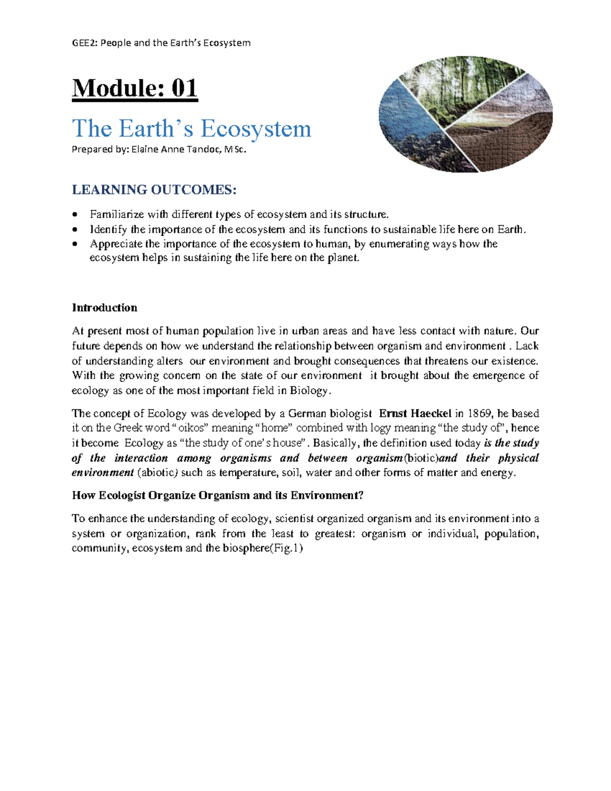 Module 1: Understanding the Earth's Ecosystem Structure and Functions ...