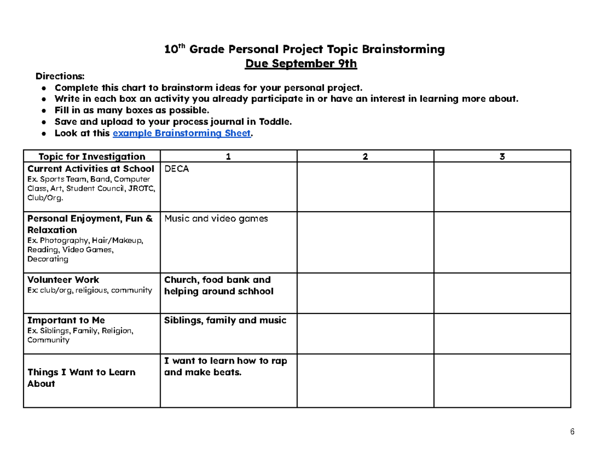 10th Grade Personal Project Brainstorming Ideas - Due Sept 9 - Studocu