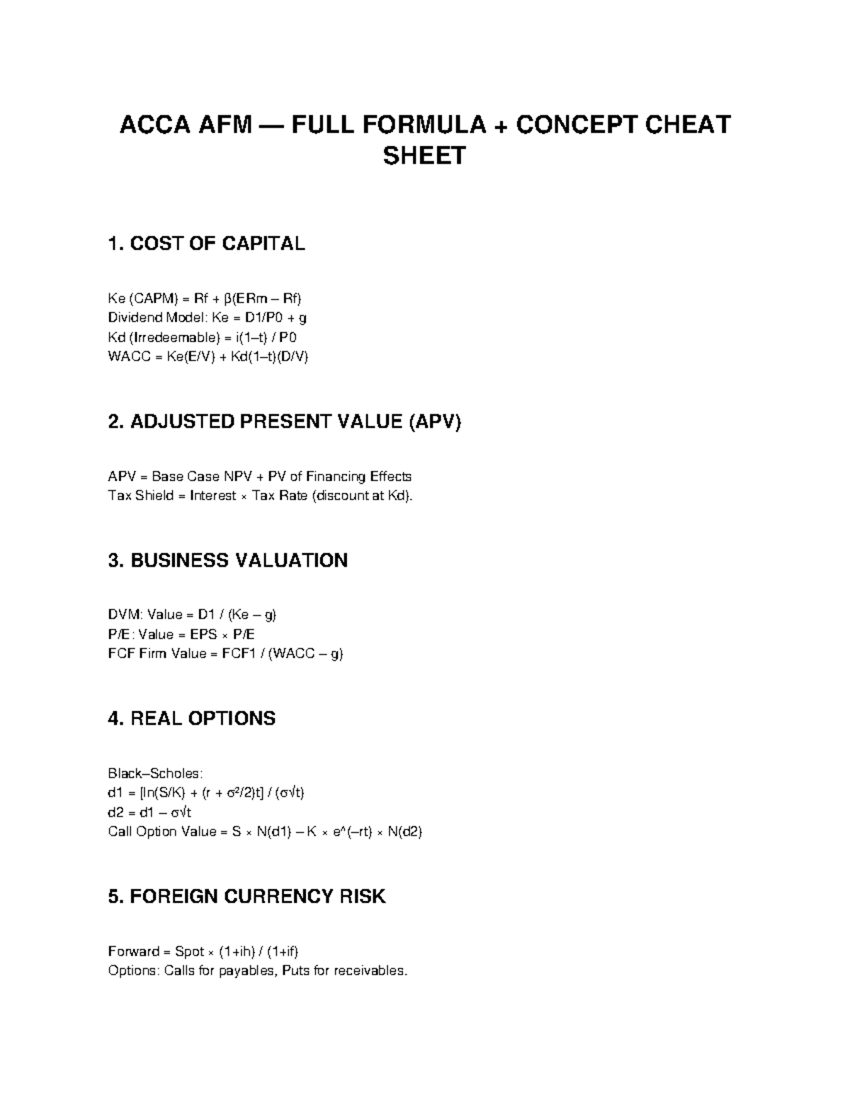 ACCA AFM — Comprehensive Formula & Concept Cheat Sheet - Studocu
