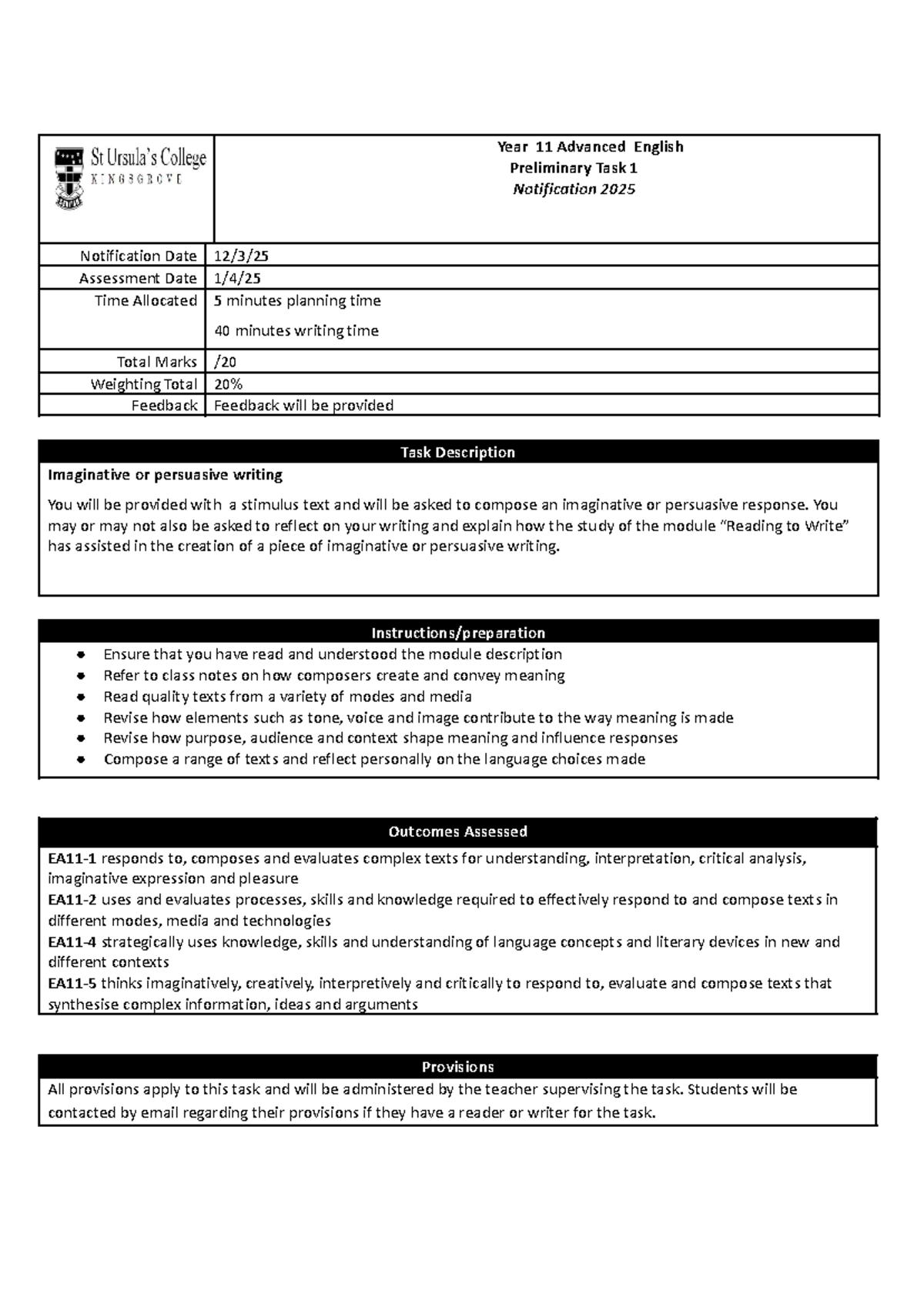Year 11 Adv. English 2025 Task 1: Imaginative/Persuasive Writing - Studocu