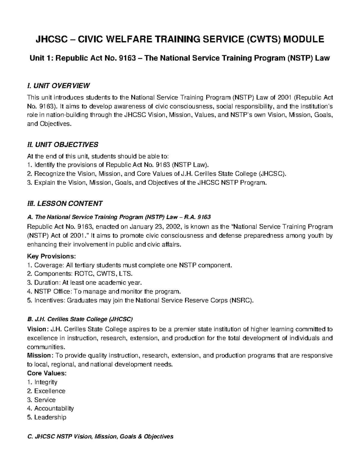 CWTS Module Unit 1: Understanding RA 9163 and JHCSC Values - Studocu