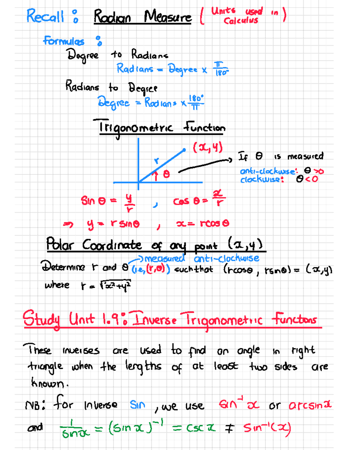 Study Unit 1.9: Radian Measure & Inverse Trigonometric Functions - Studocu