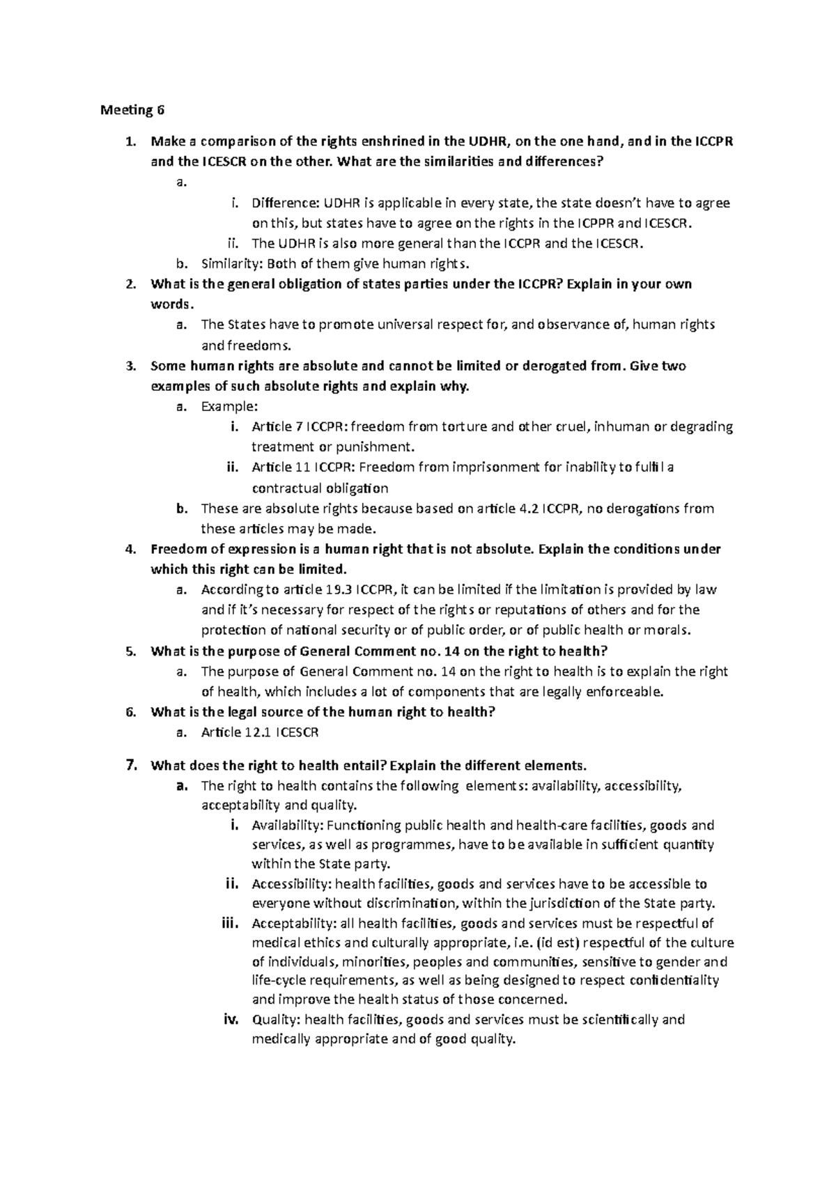 Meeting 6 - Meeting 6 Make a comparison of the rights enshrined in the ...