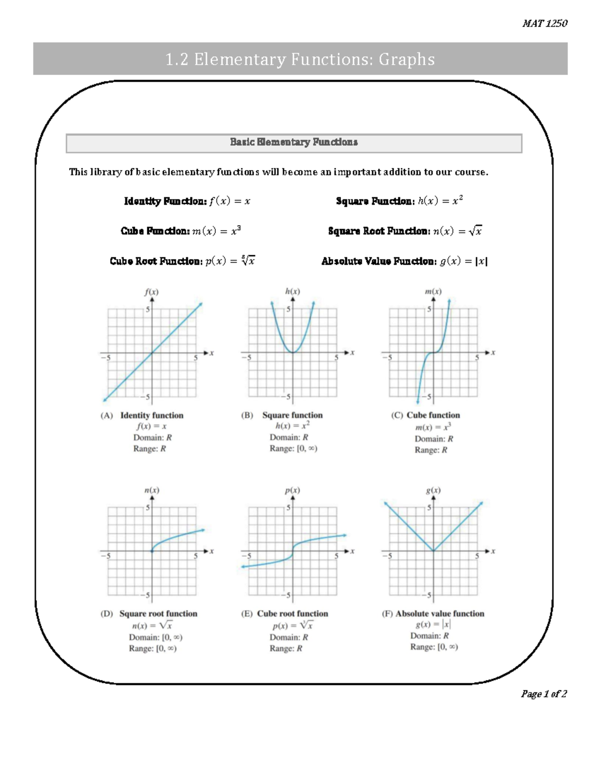 MAT 1250: Guide to Elementary & Piecewise Functions - Studocu