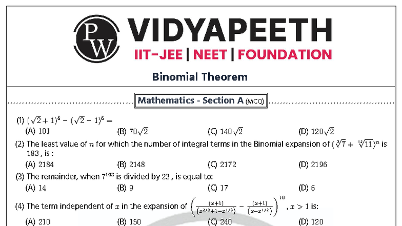 Binomial Theorem Mathematics Section A (MCQ) Update 17-10-2025 - Studocu