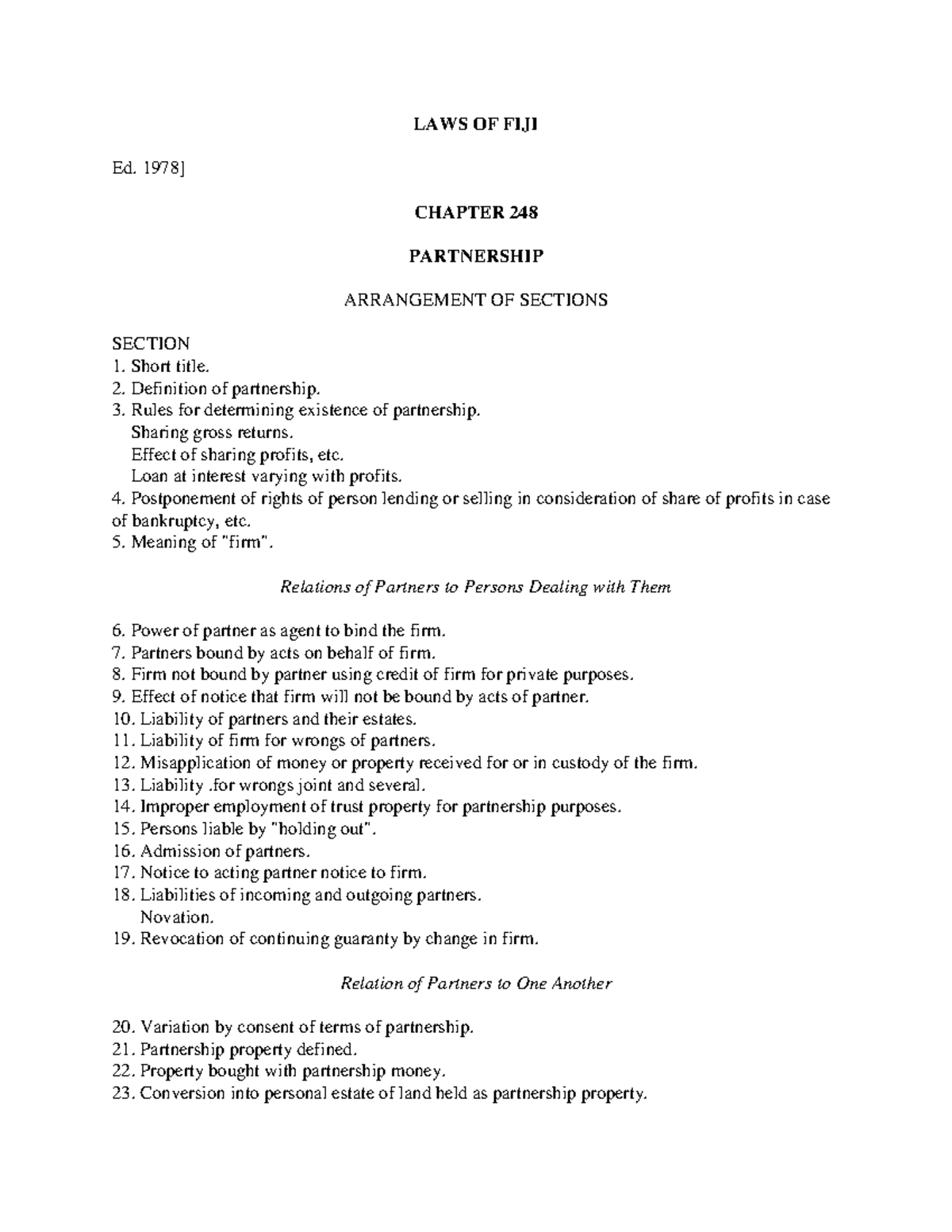 Partnership Act - Key Sections Summary (LAWS OF FIJI) - Studocu