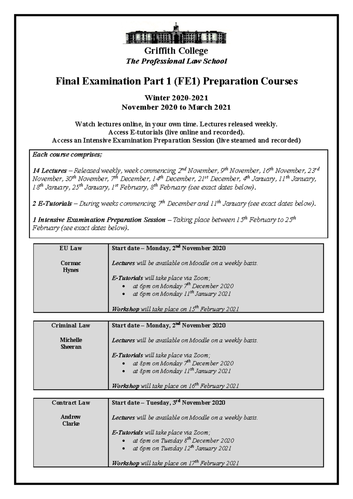 FE1 - Timetable Winter 2020 - Family Law - Trinity - Studocu